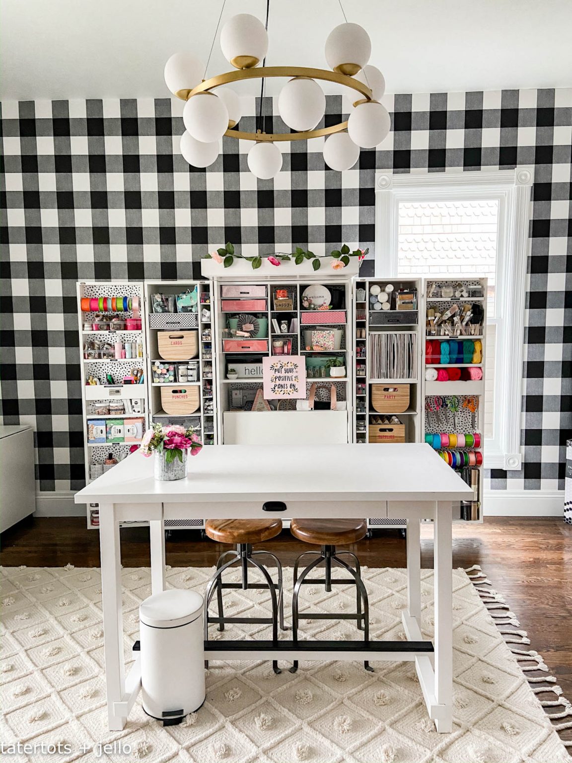 Black and White Plaid Office Craft Room Remodel - three work zones!