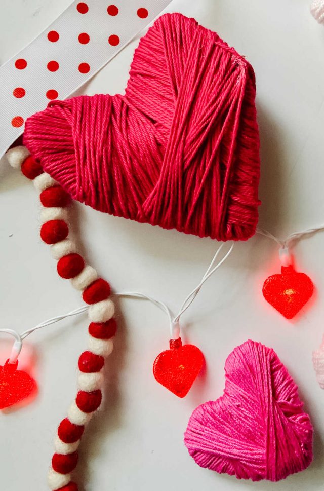 Valentine's Day Yarn-Wrapped Cardboard Hearts + Centerpiece