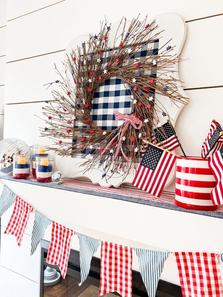 Patriotic Red White and Blue Star Wreath - and mantel ideas!