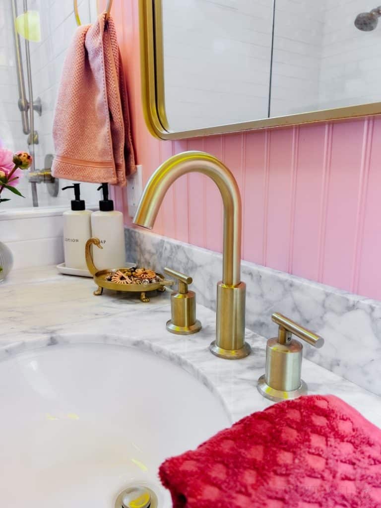 Pink and Gold Kids Bathroom Remodel - luxe look on a budget!