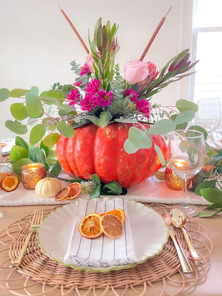 Gorgeous Thanksgiving Fresh Flower Pumpkin Centerpiece
